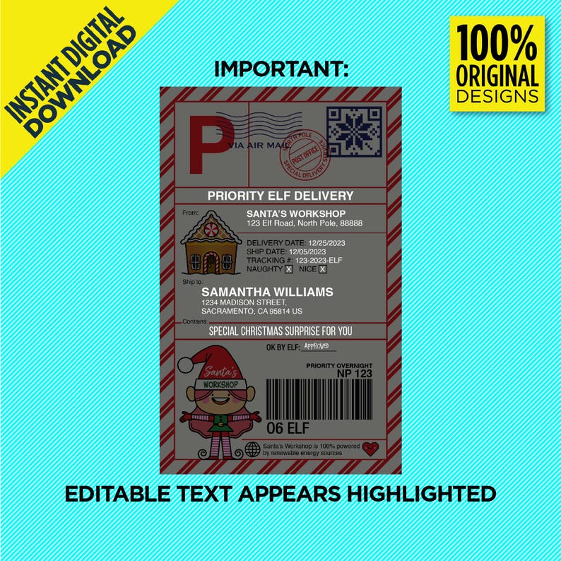 Elf Girl Christmas Shipping Label | Printable Gift Tag | Editable in ...