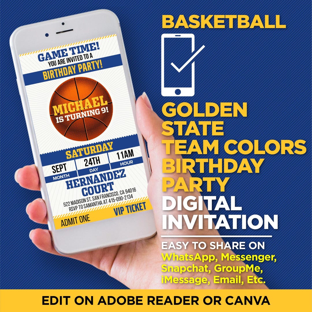 Golden State Basketball Team Colors Birthday Party Digital Invitation ...