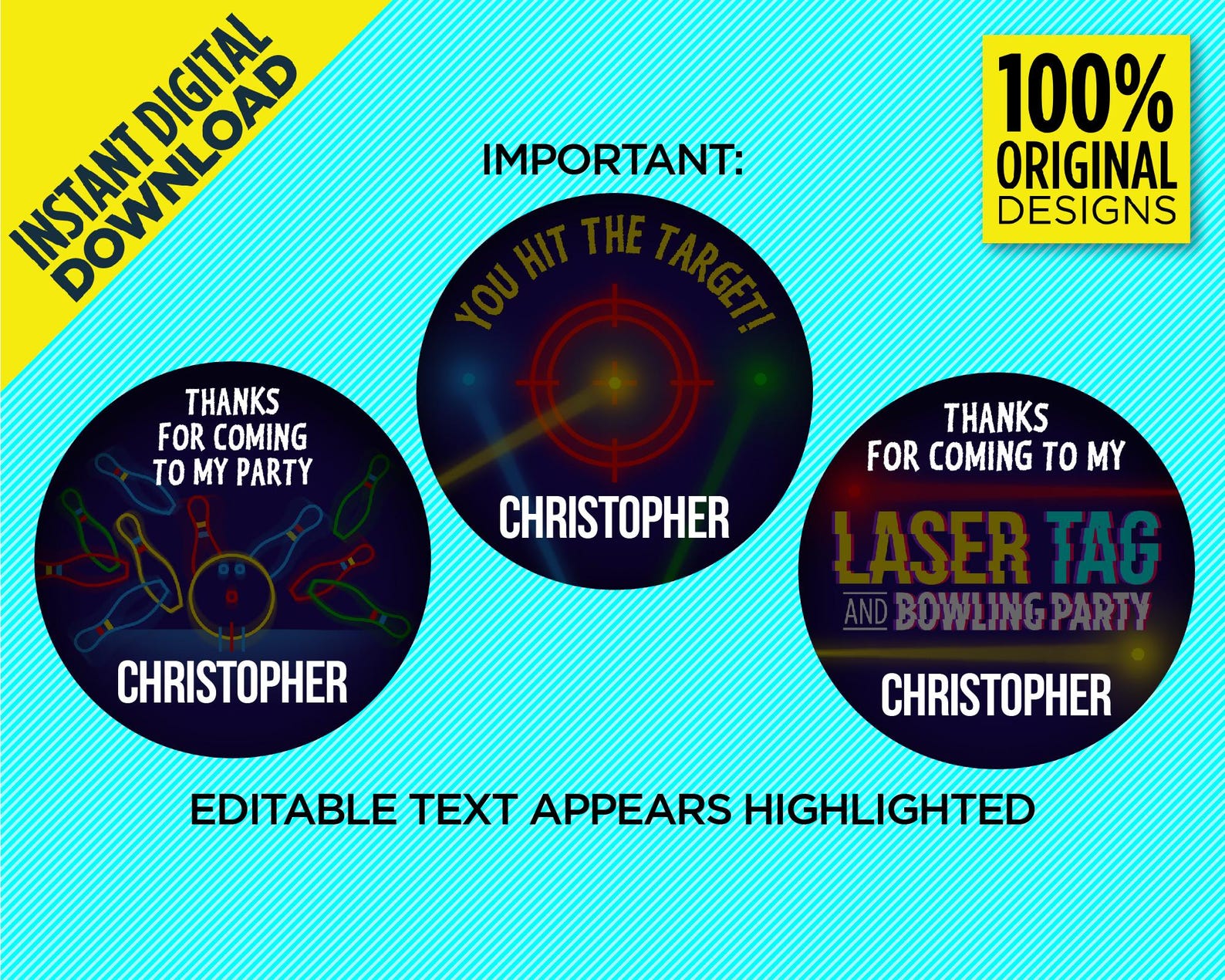 Editable Laser Tag and Bowling Party Favor Tags | Neon Thank You Circle ...