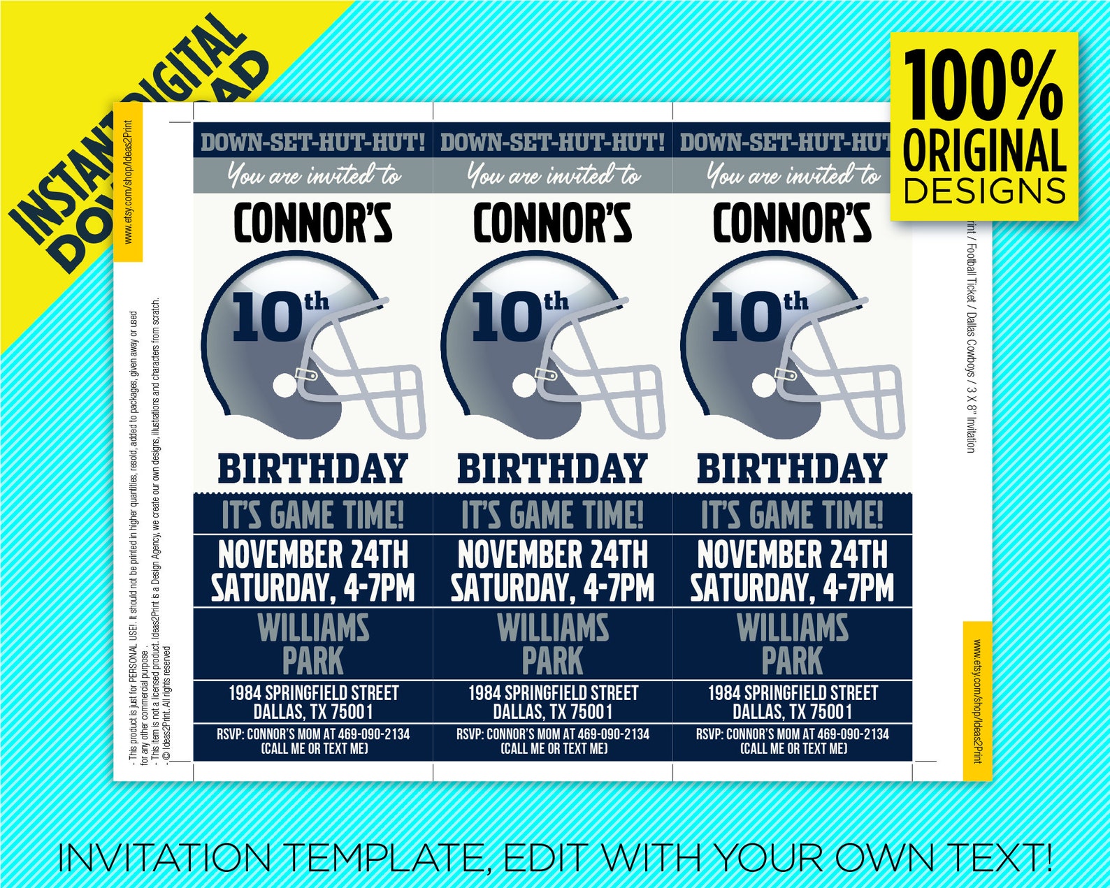 Dallas Football Team Birthday Party Printable Ticket Invitation ...