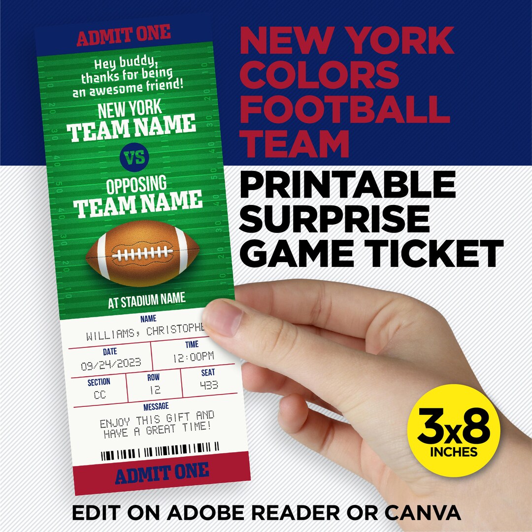 New York Colors Football Team Printable Surprise Game Ticket NY Blue ...