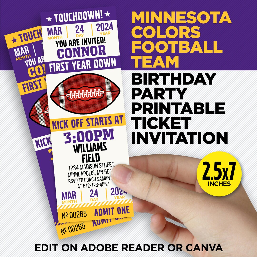 Minnesota Colors Football Team Printable Ticket Invitation - Purple ...