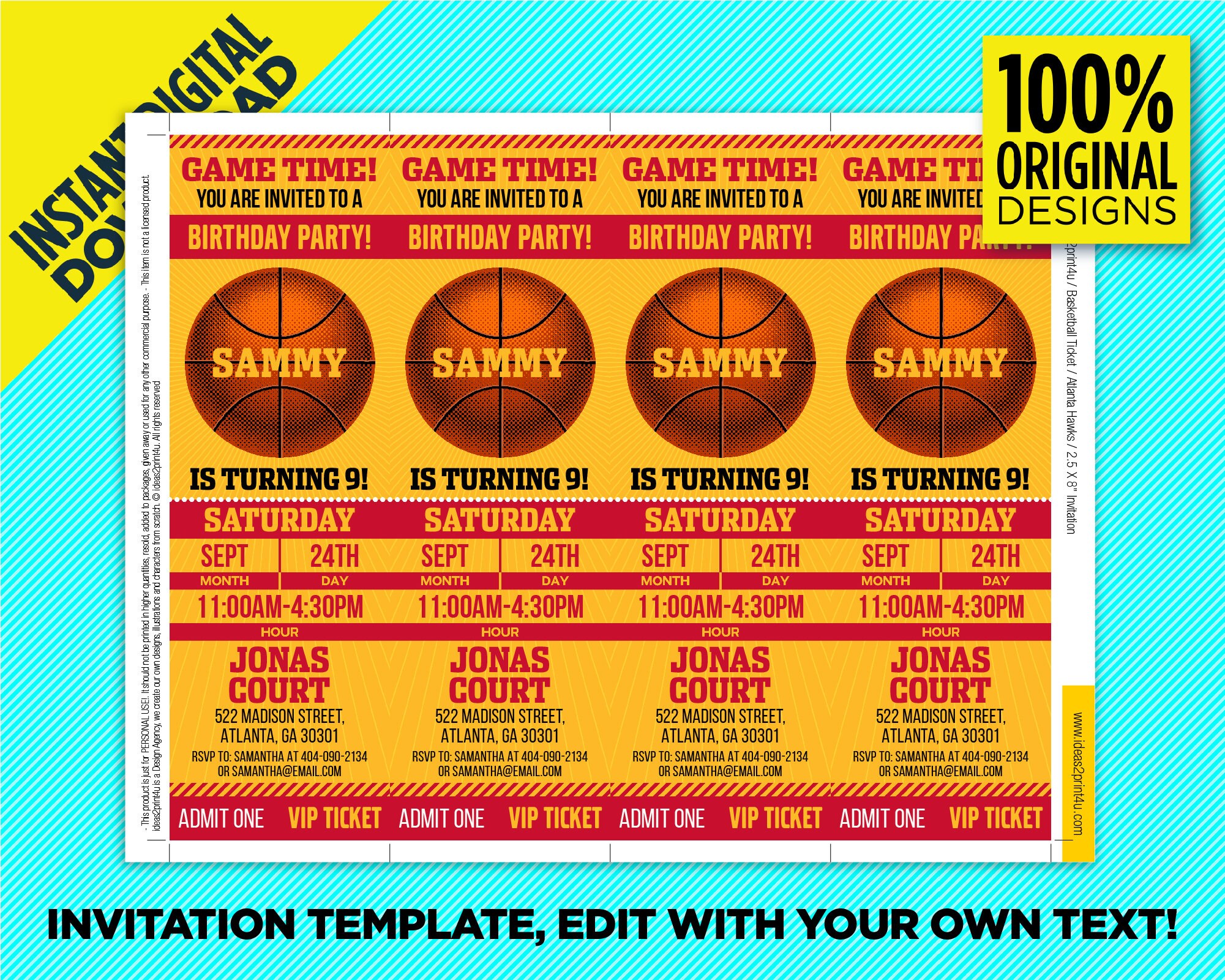 Atlanta Colors Basketball Team Birthday Party Printable Ticket ...