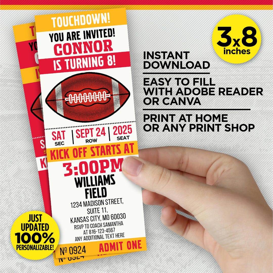 Kansas City Colors Football Team Birthday Party Printable Ticket ...