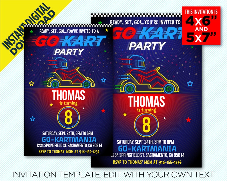 Go Kart Party Printable Invitation Boys and Girls Go-kart - Etsy