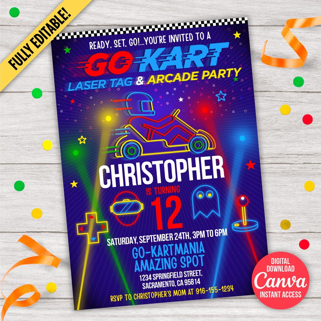 Neon Go Kart, Laser Tag, Arcade Birthday Invitation | Canva Printable ...