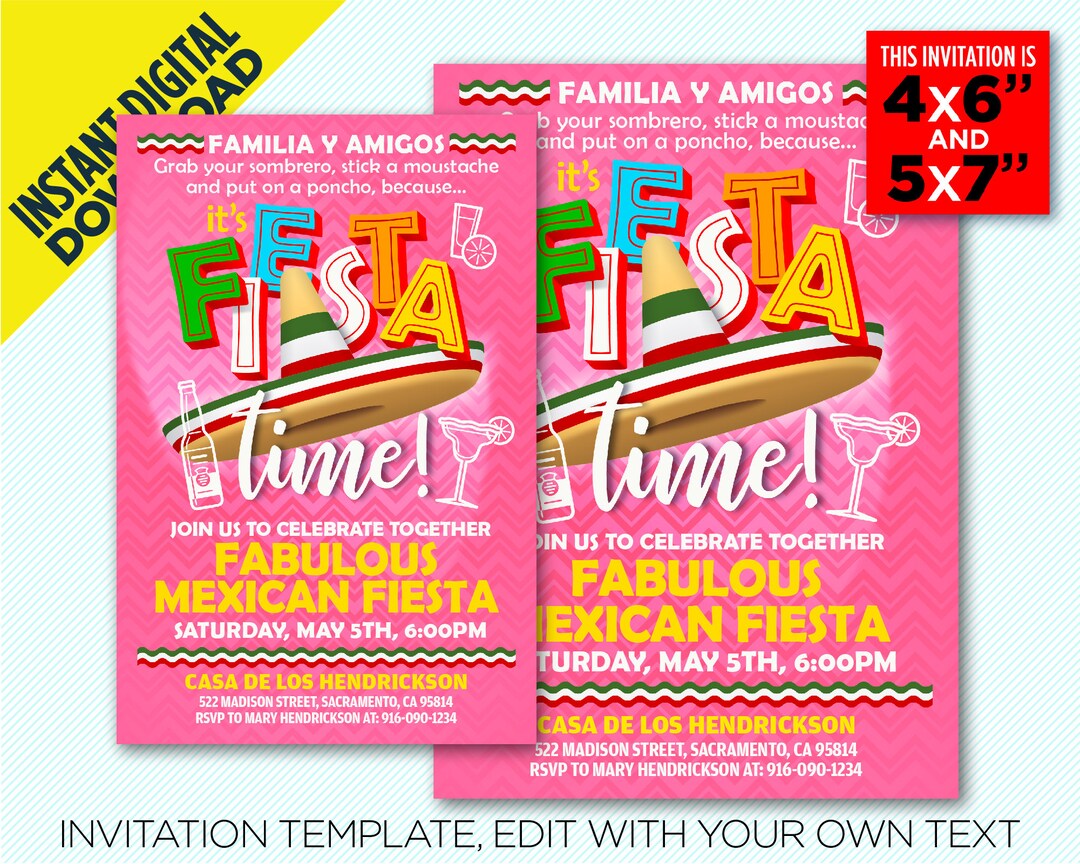 Cinco De Mayo Party Printable Invitation, It's Fiesta Time Invitation ...