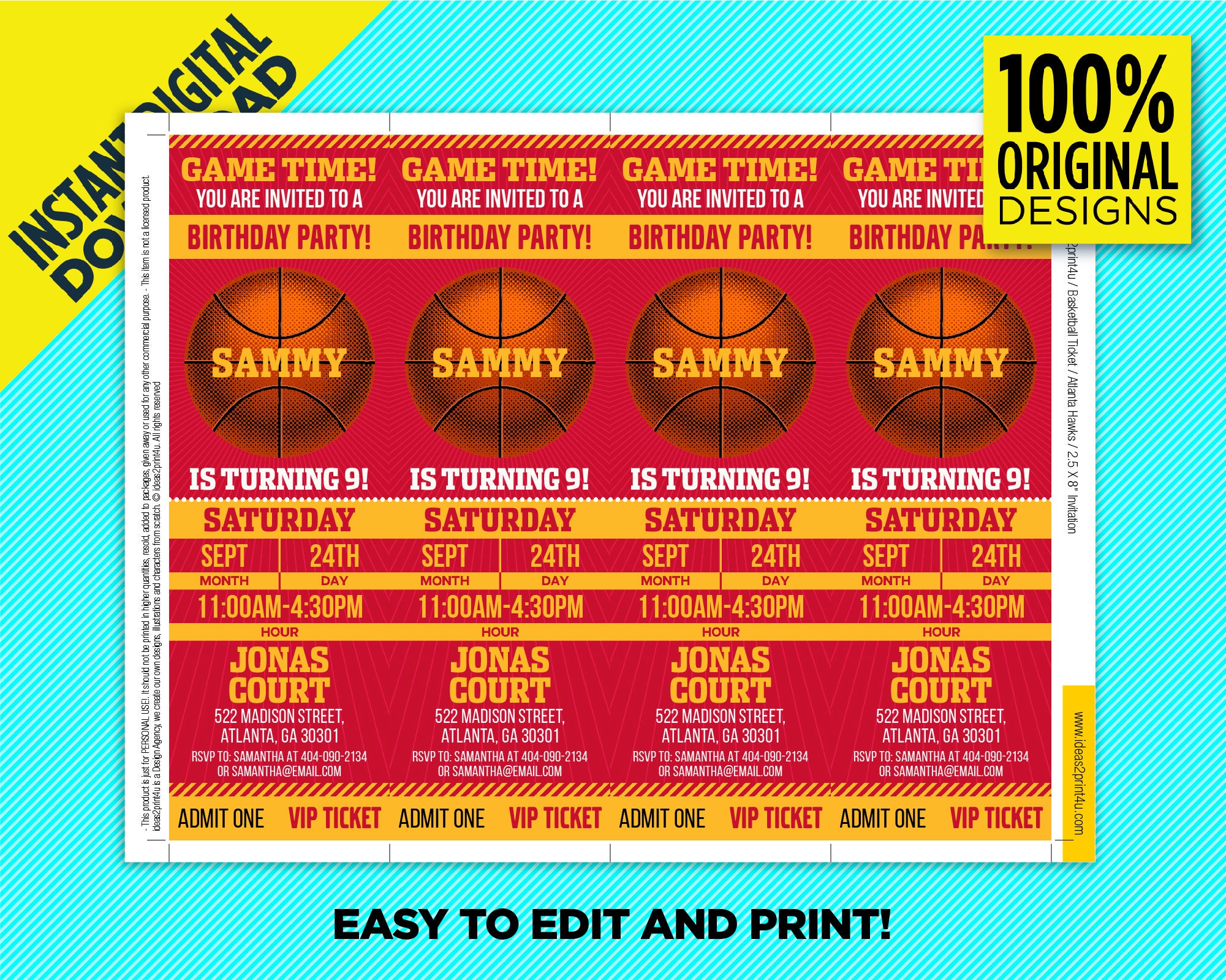 Atlanta Colors Basketball Team Birthday Party Printable Ticket ...
