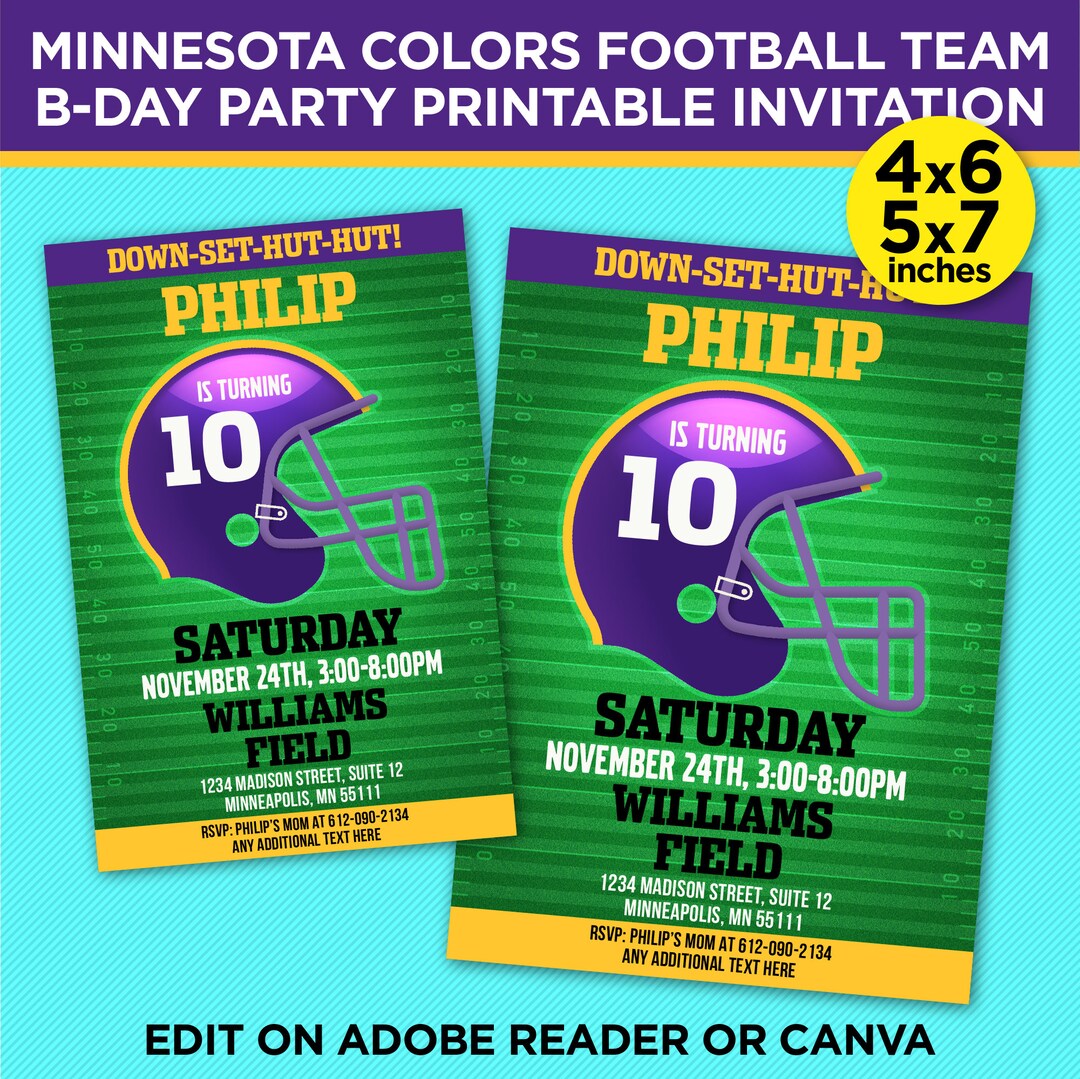 Minnesota Football Birthday Party Invitation | Purple & Gold | Editable ...
