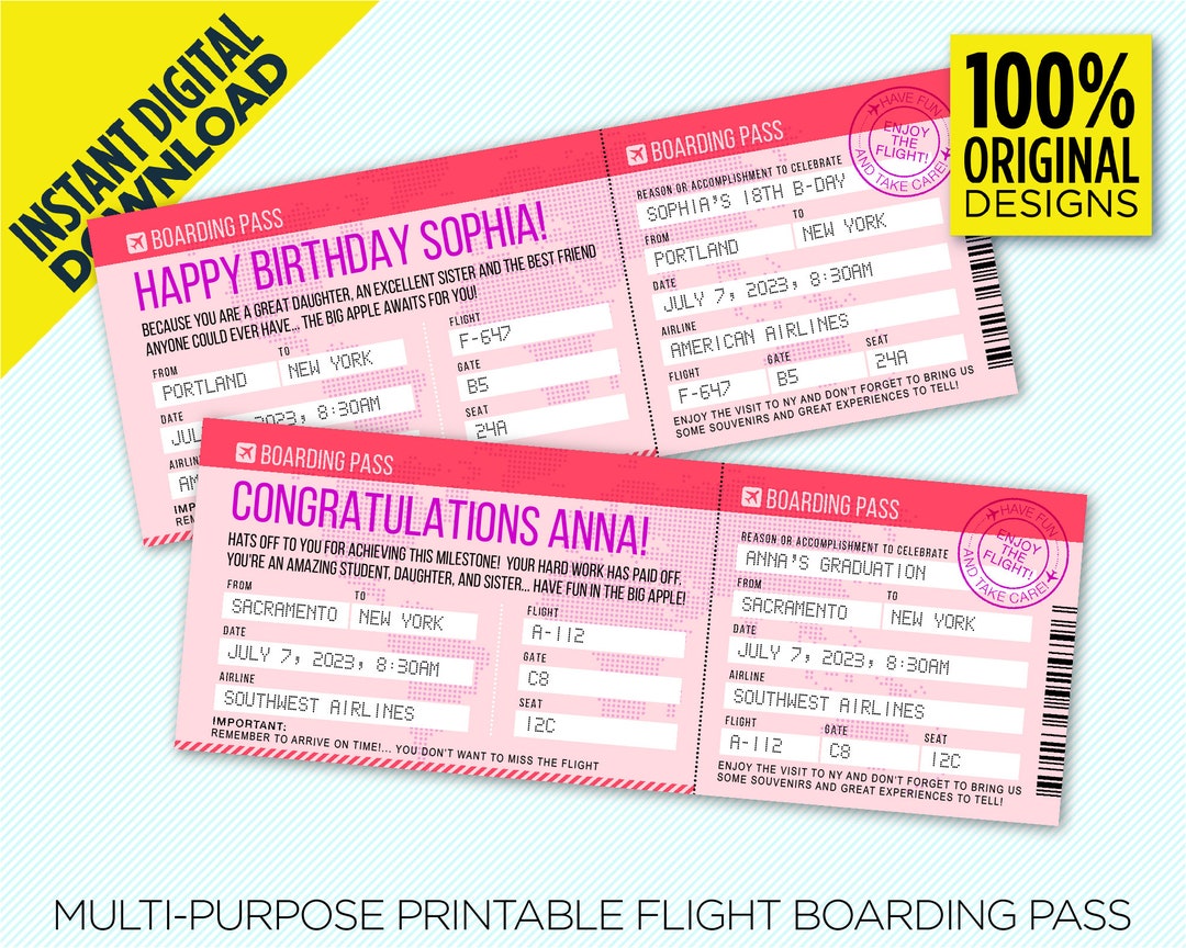 Multi-purpose Airplane Boarding Pass Printable Ticket - Surprise Travel ...