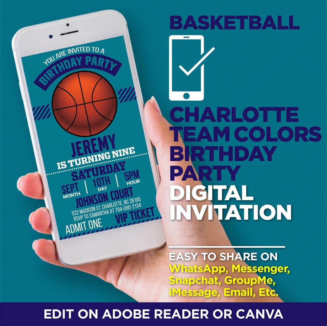 Charlotte Basketball Team Colors Birthday Party Digital Invitation EDIT ...