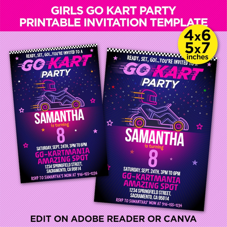 Girls Go Kart Party Printable Invitation - Go-kart Birthday Party ...