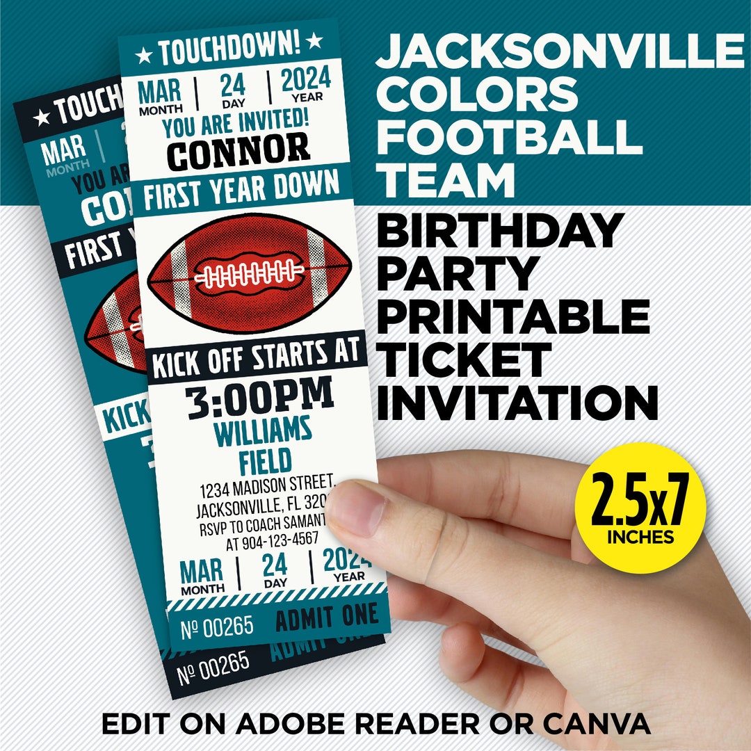 Jacksonville Colors Football Team Printable Ticket Invitation - Teal ...