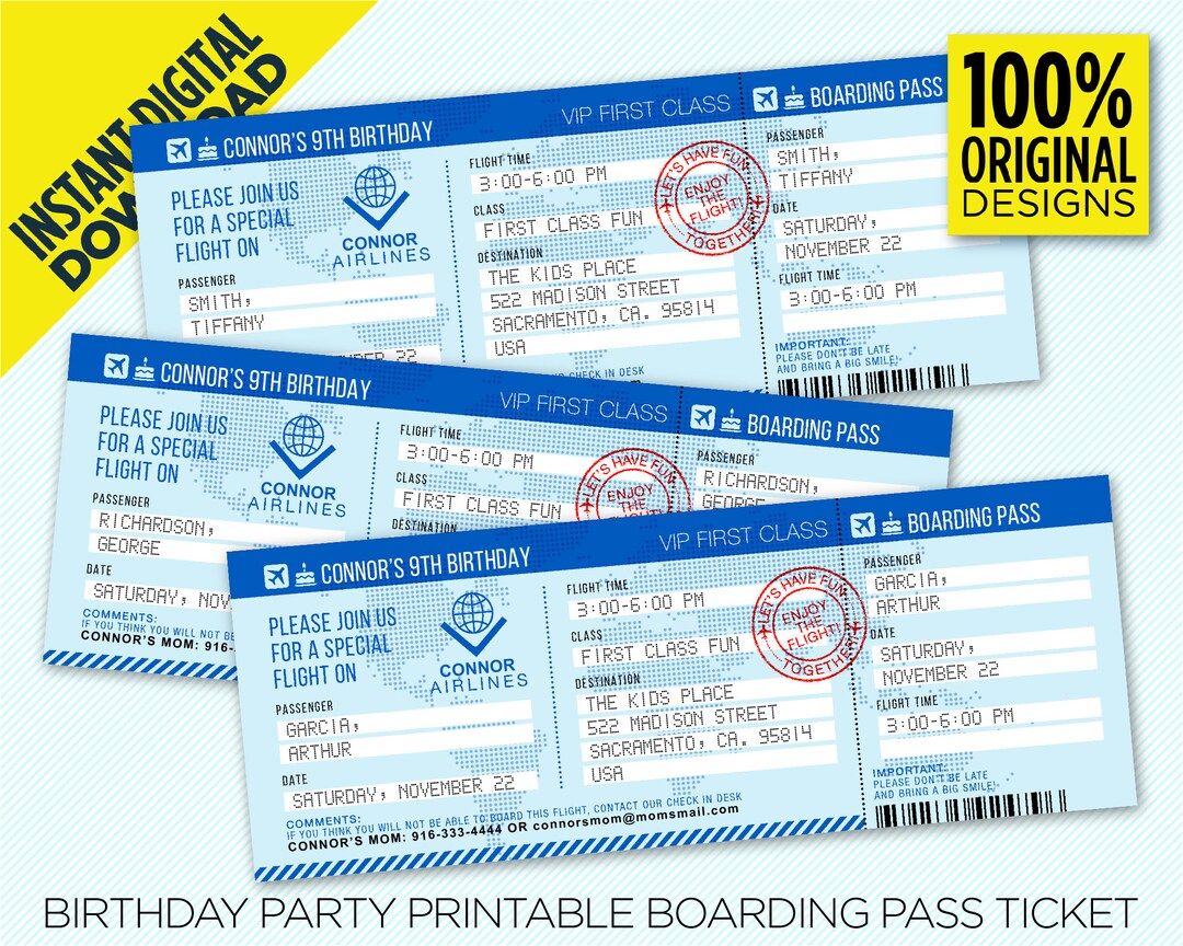Airplane Boarding Pass Printable Invitation Flight Birthday Party ...