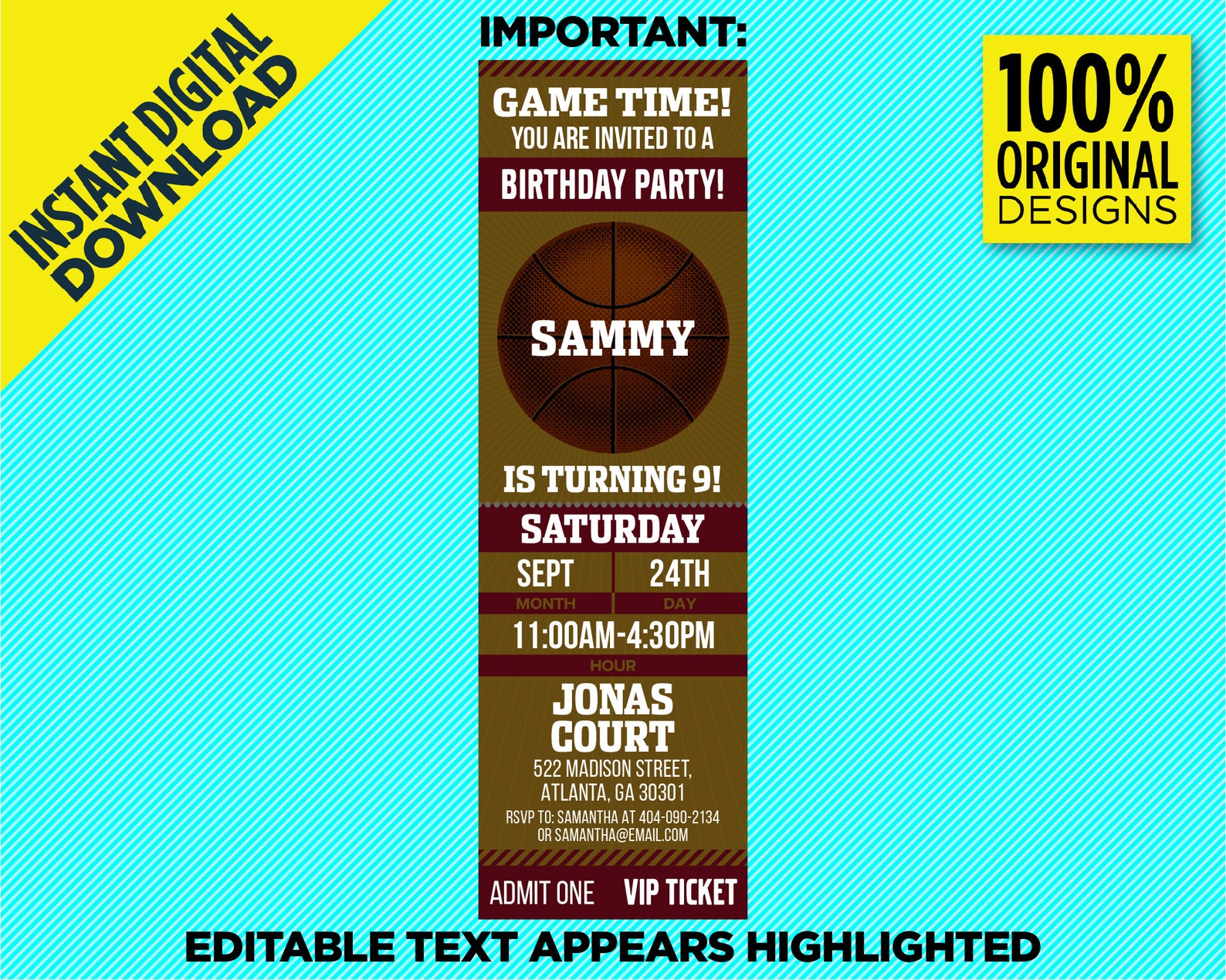 Atlanta Colors Basketball Team Birthday Party Printable Ticket ...
