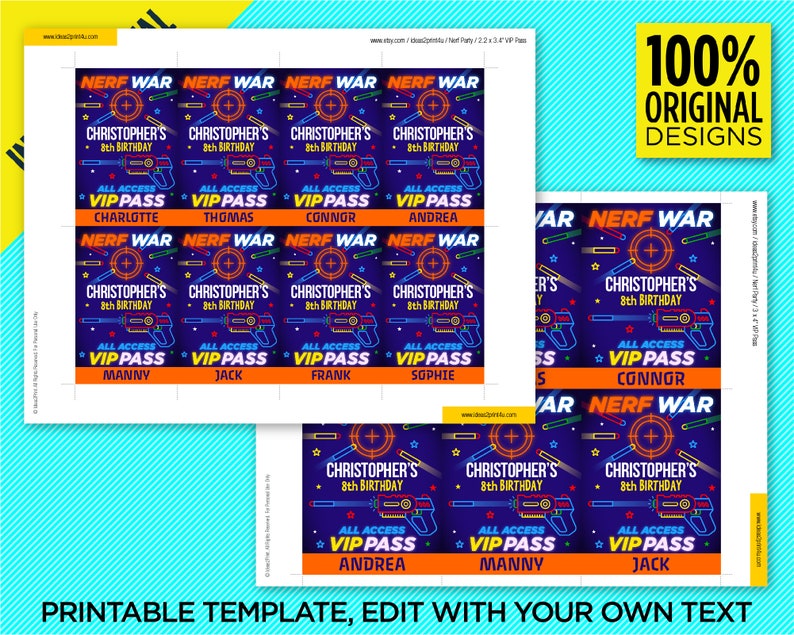 Customizable Nerf Party Printable VIP Pass - Personalized Guest Names ...