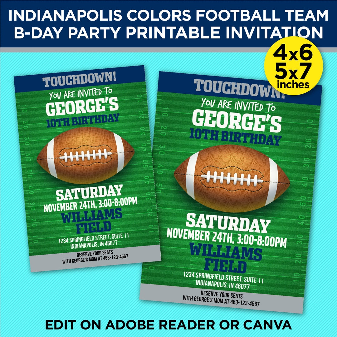 Indianapolis Colors Football Team Birthday Party Printable Invitation ...