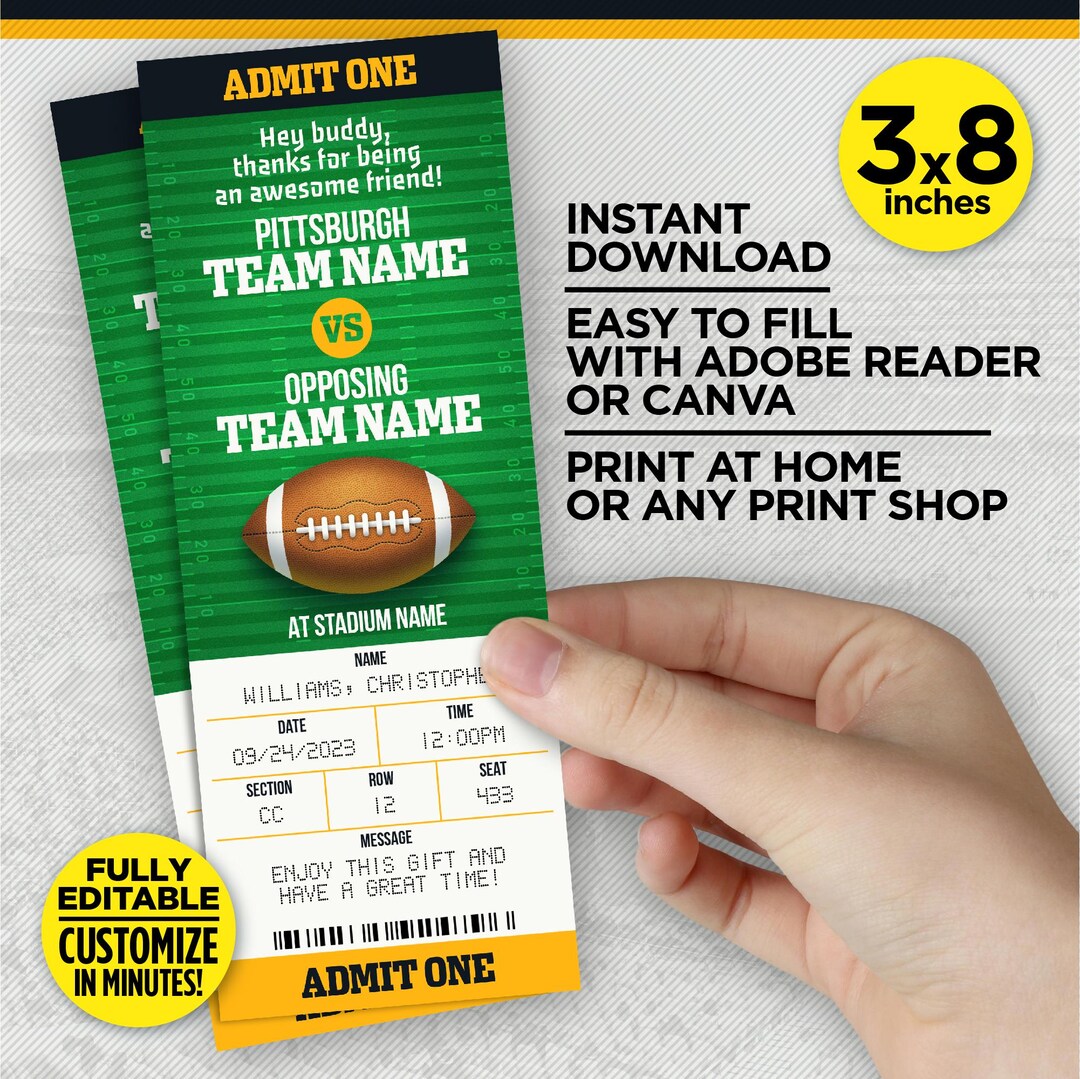 Pittsburgh Colors Football Team Printable Surprise Game Ticket - Gold ...