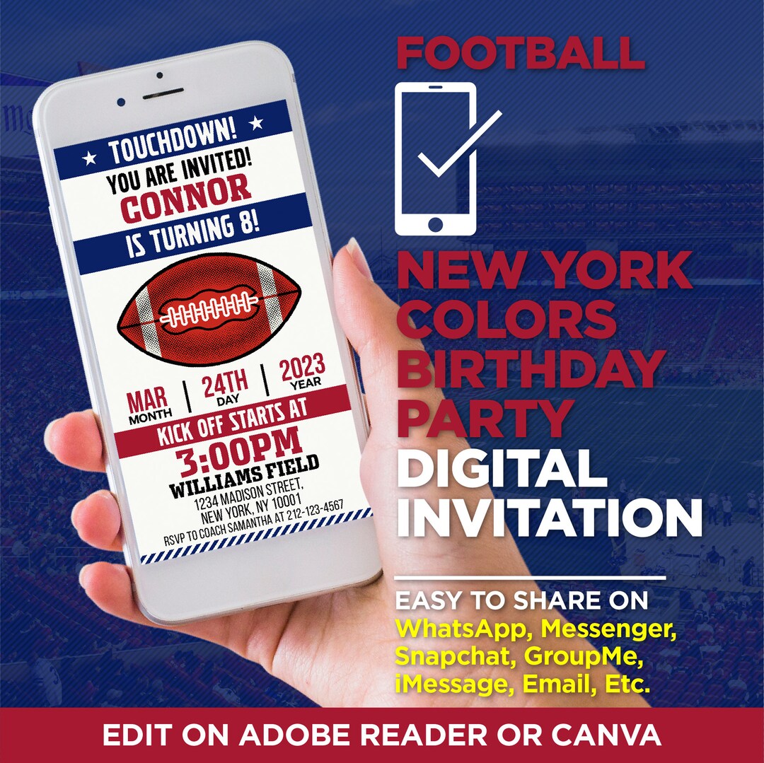 New York Football Team Colors Birthday Party Digital Invitation | Blue ...