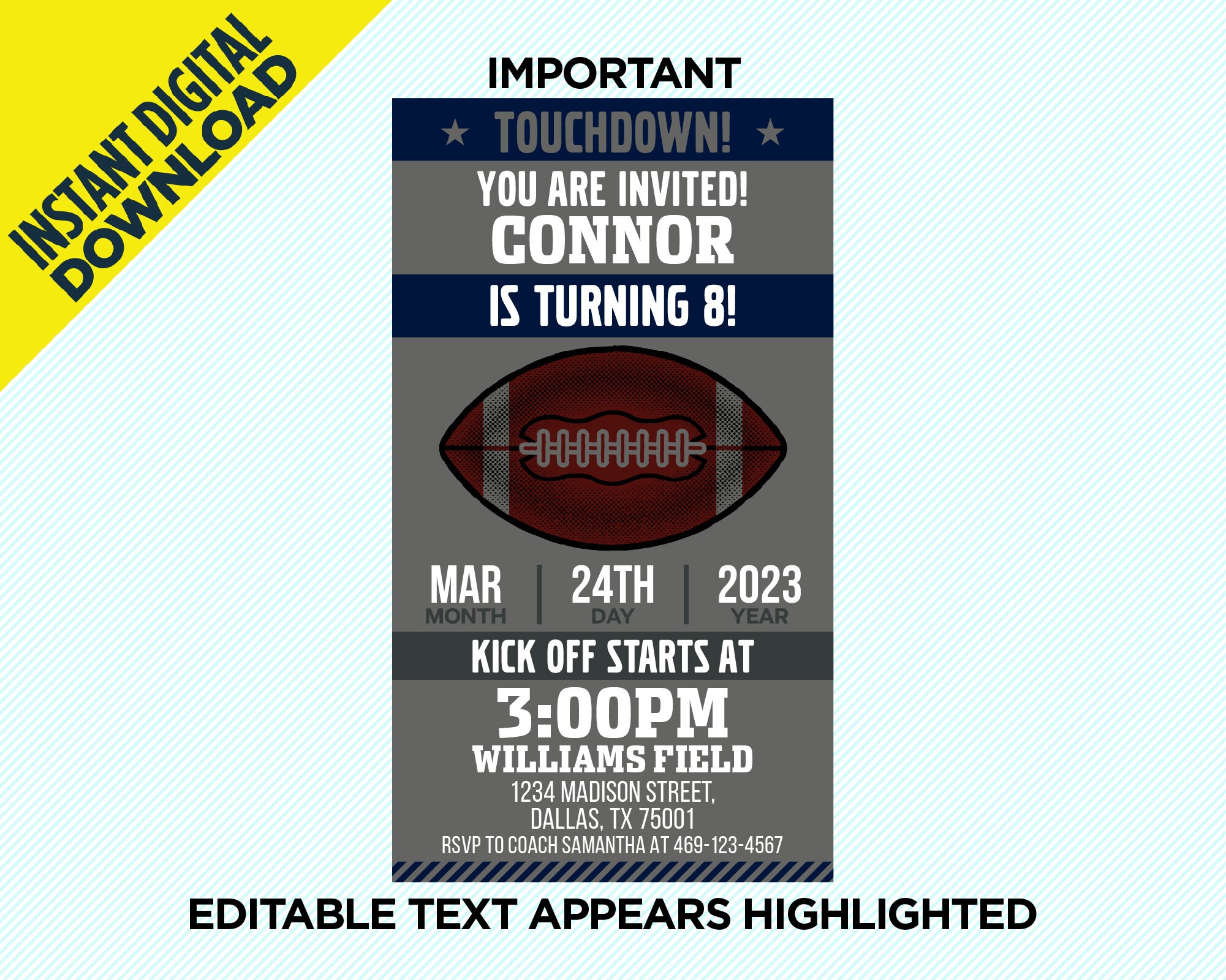 Dallas Football Team Colors Birthday Party Digital Invitation Navy Blue ...