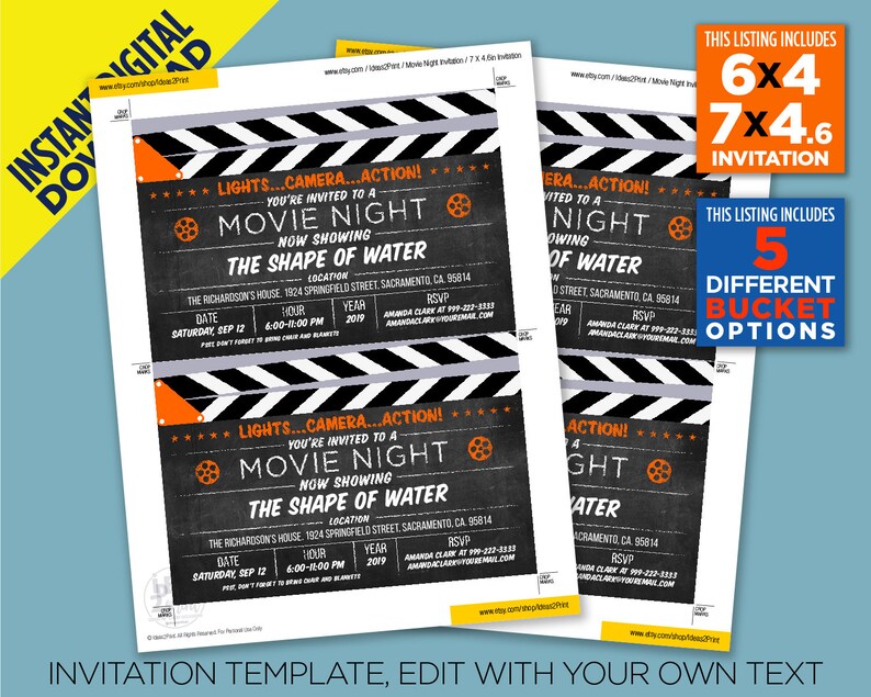 Movie Night Invitation DIY Vintage Popcorn Buckets Printable | Etsy