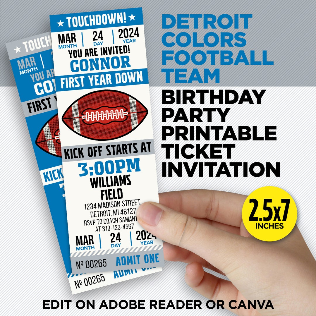 Detroit Colors Football Team Printable Ticket Invitation - Blue ...
