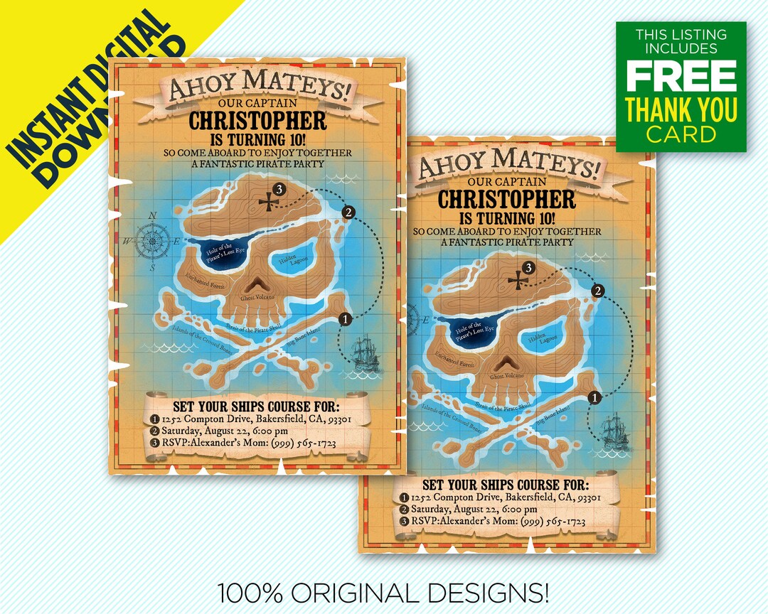 Ahoy Mateys Pirate Party Invitation Treasure Map Invitation - Etsy