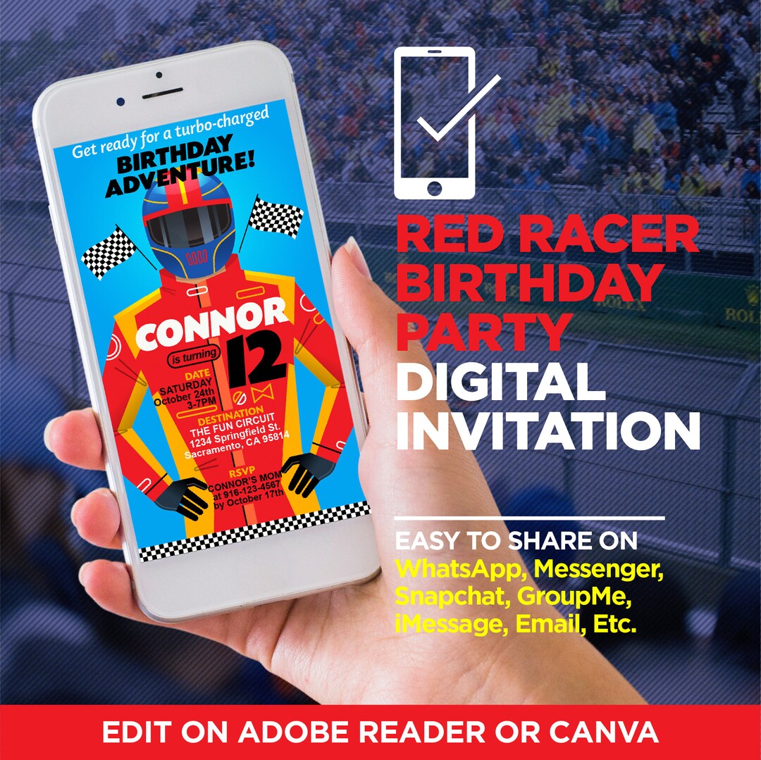 F1 Red Racer Birthday Party Digital Invitation - Race Car Invite ...