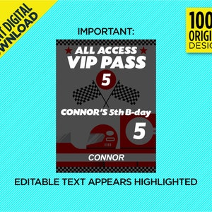 Race Car Party Printable All Access VIP Pass | Pit Crew Pass Badge ...