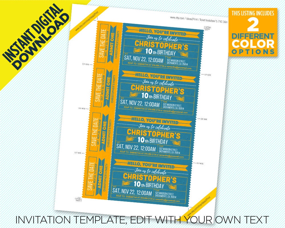 Ticket Birthday Party Printable Invitation Instant Digital - Etsy