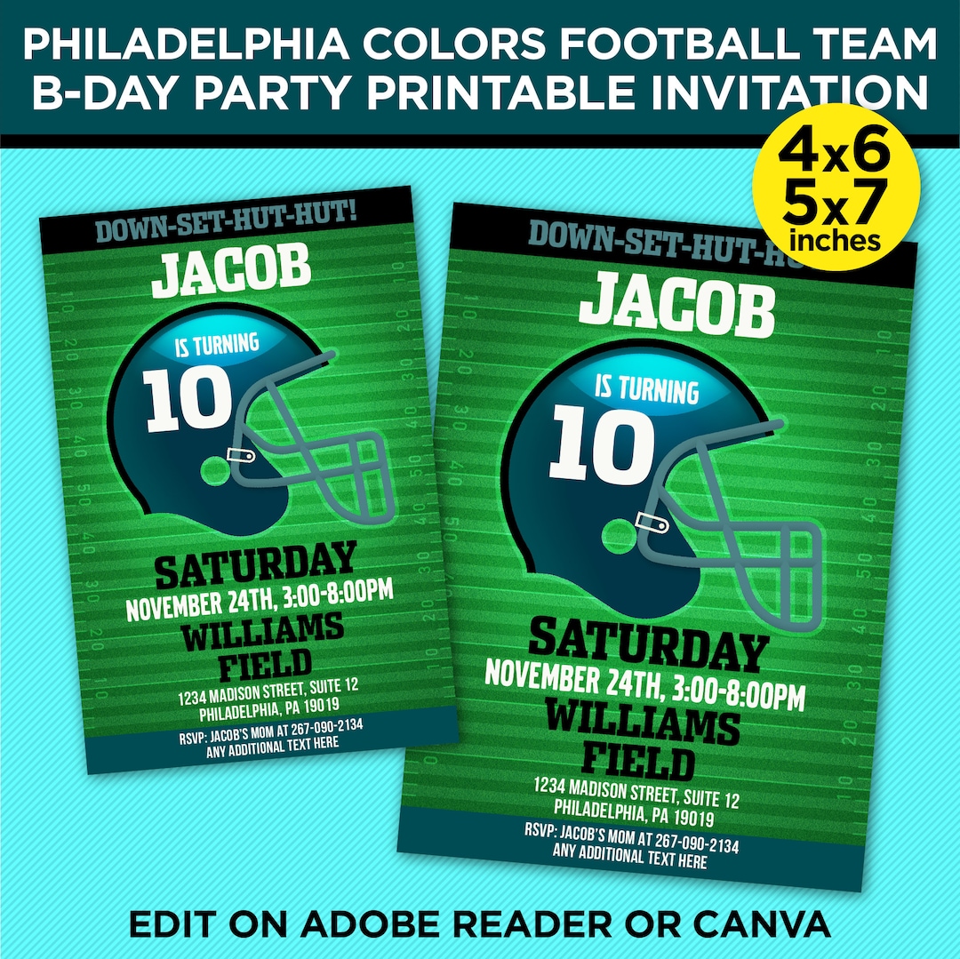 Philadelphia Colors Football Team Birthday Party Printable Invitation ...