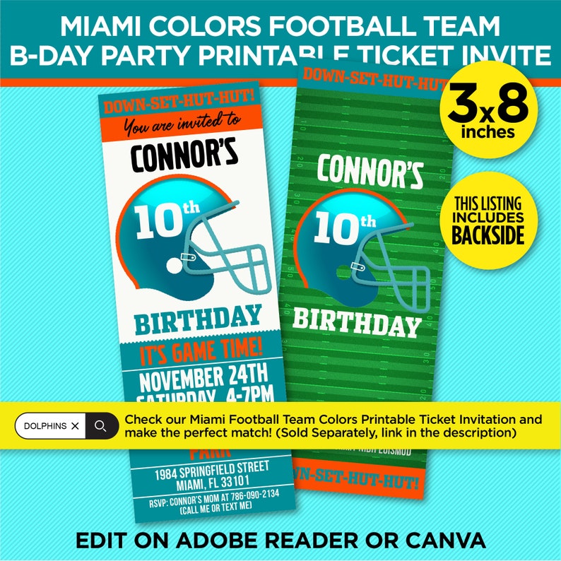 Miami Football Birthday Party Invitation | Aqua & Orange | Editable in ...