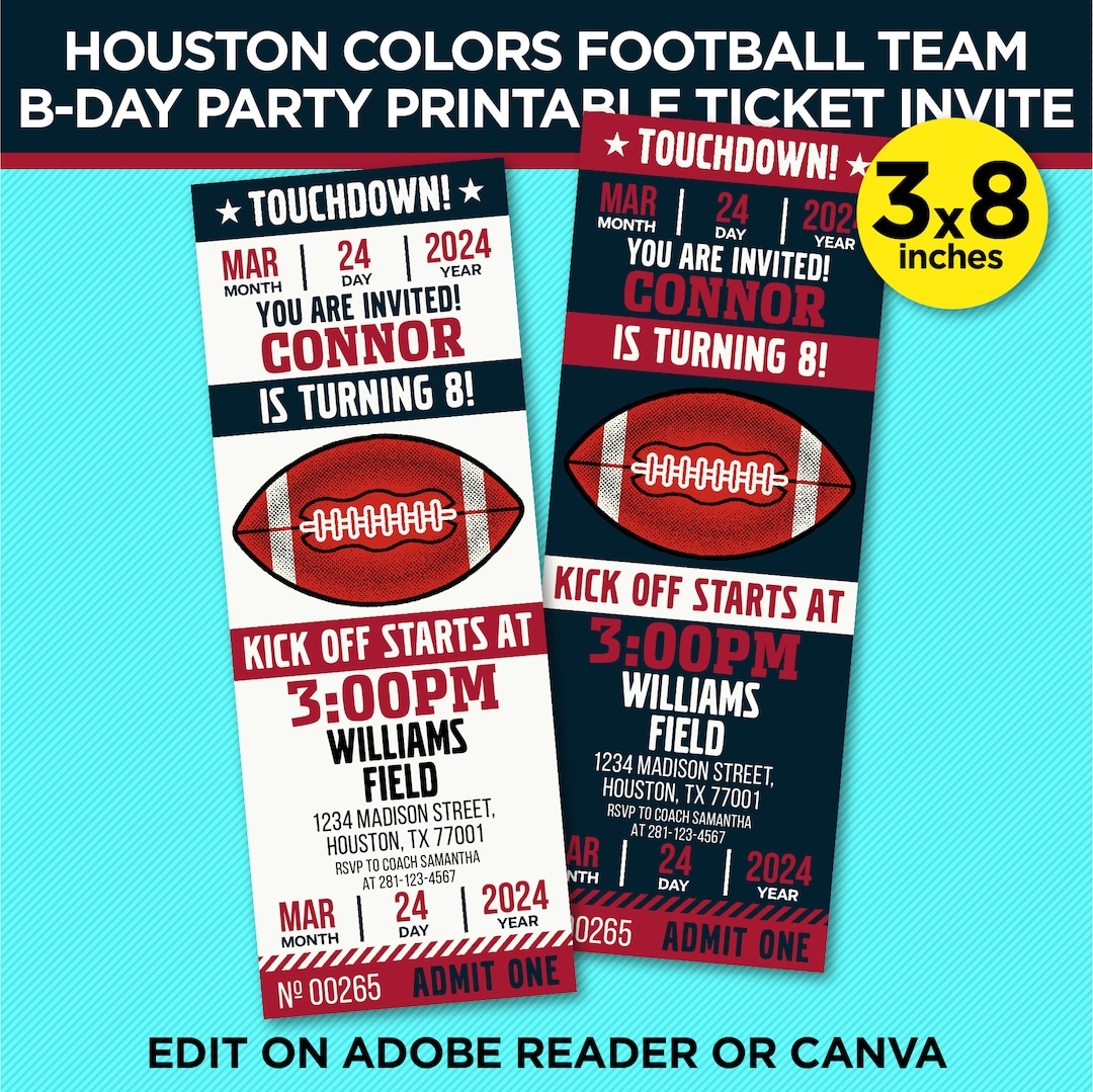 Houston Colors Football Team Birthday Party Printable Invitation ...