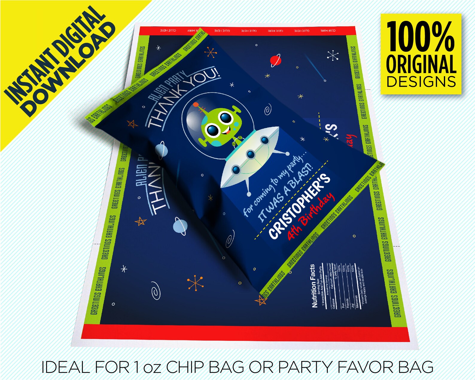 Space Alien Party Printable Chip Bag Ideal for 1oz Chip Bag - Etsy