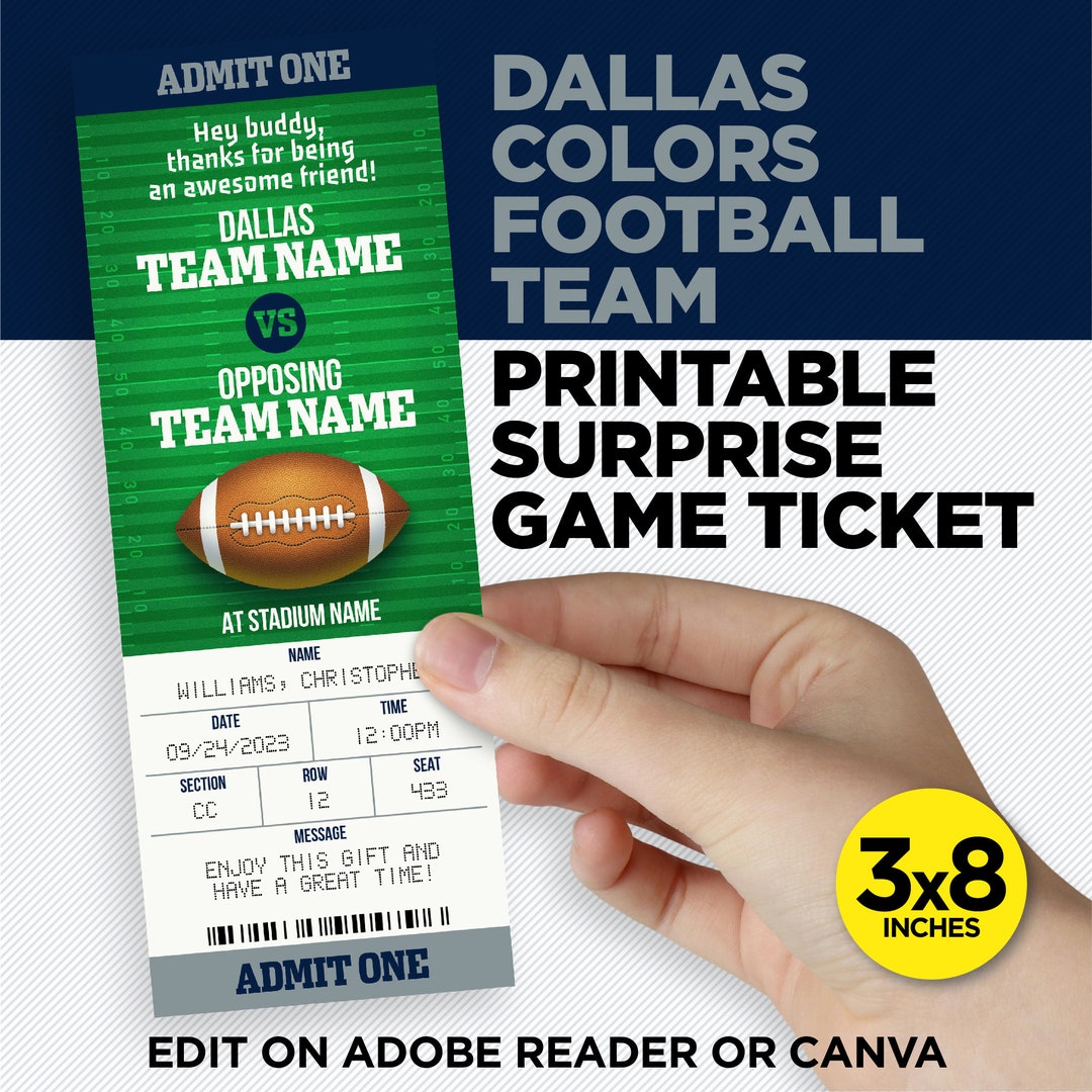 Dallas Colors Football Team Printable Surprise Game Ticket Dallas Navy ...