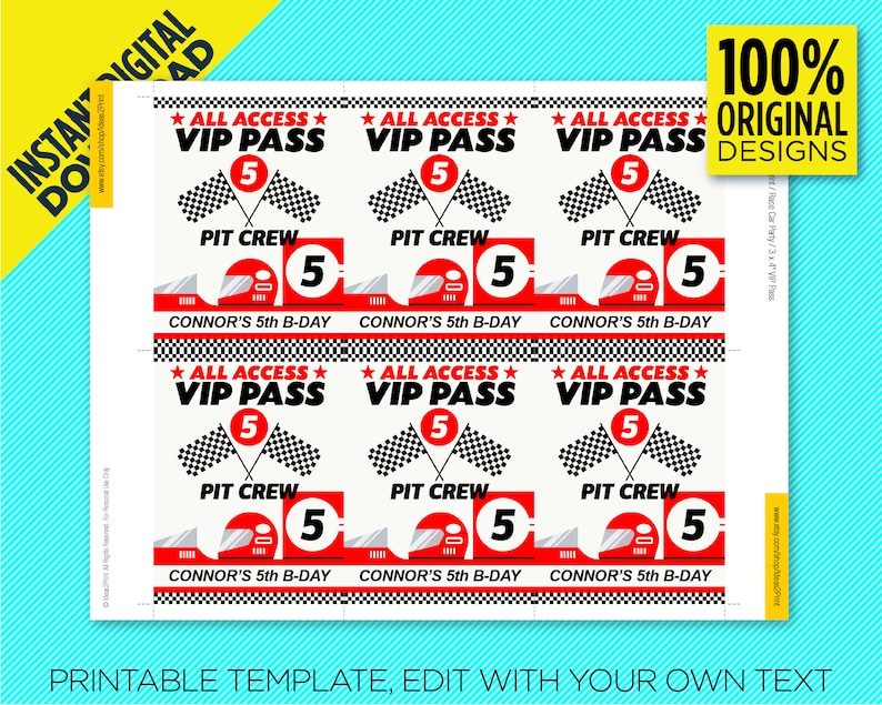 Race Car Party Printable All Access VIP Pass Pit Crew Pass Badge ...