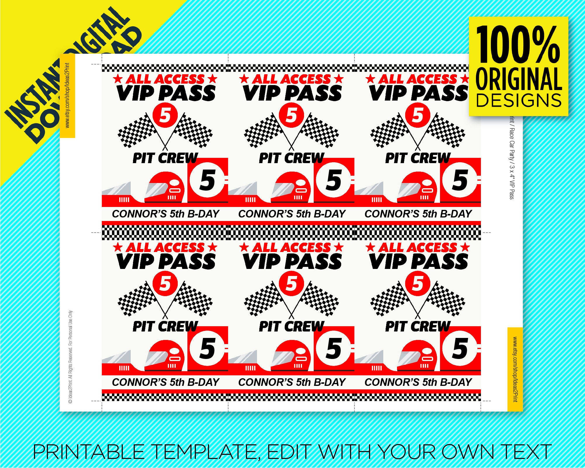 Race Car Party Printable All Access VIP Pass Pit Crew Pass Badge ...