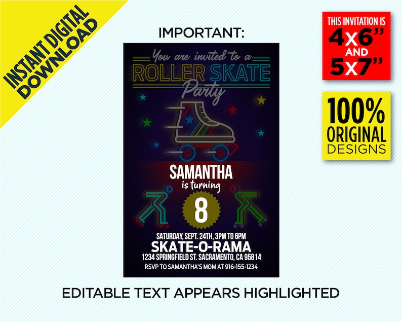 Roller Skate Party Printable Invitation Editable Roller - Etsy