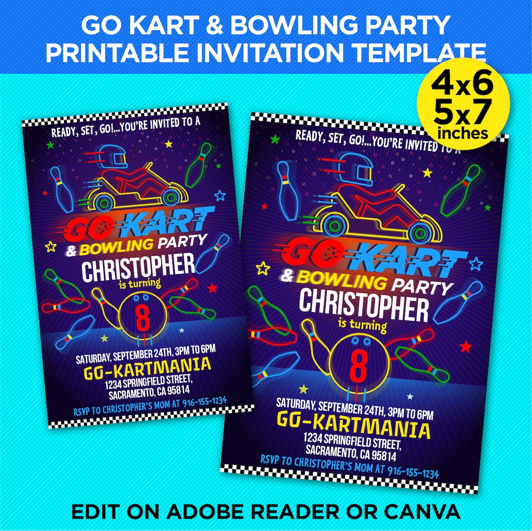 Go Kart & Bowling Party Printable Invitation - Boys and Girls Go Kart ...