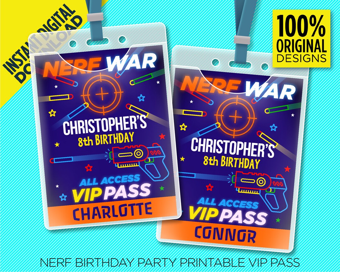 Customizable Nerf Party Printable VIP Pass Personalized Guest Names ...