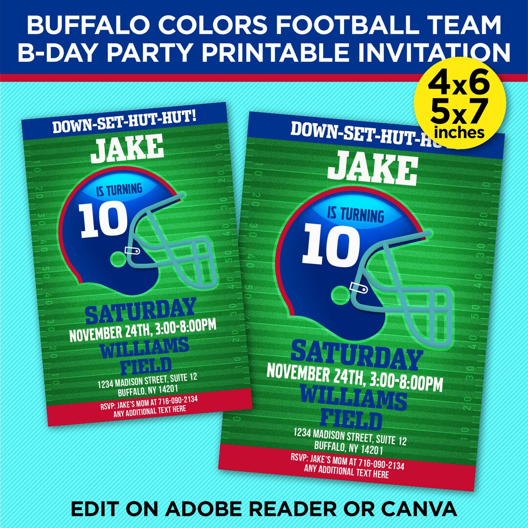 Buffalo Colors Football Team Birthday Party Printable Invitation - Blue ...