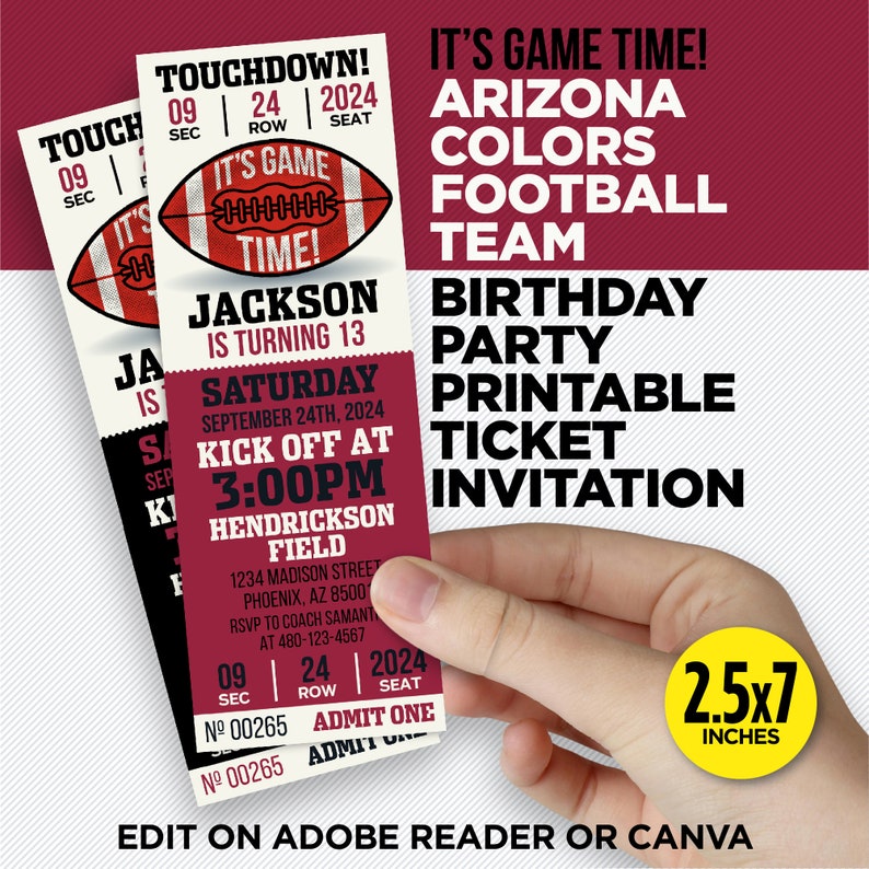 Arizona Football Ticket Invitation | Birthday Party Printable | PDF or ...