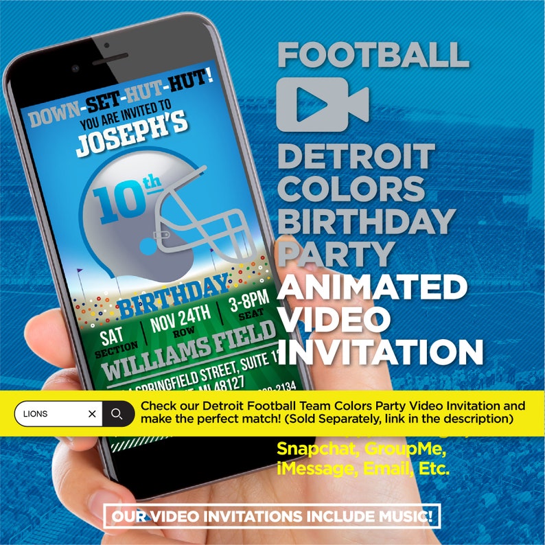 Detroit Football Birthday Invitation | Blue & Silver | Editable in ...