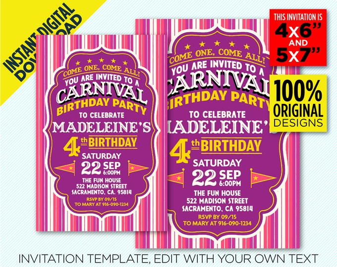 Vintage Carnival Pink Invitation - INSTANT DOWNLOAD - Edit & Print ...
