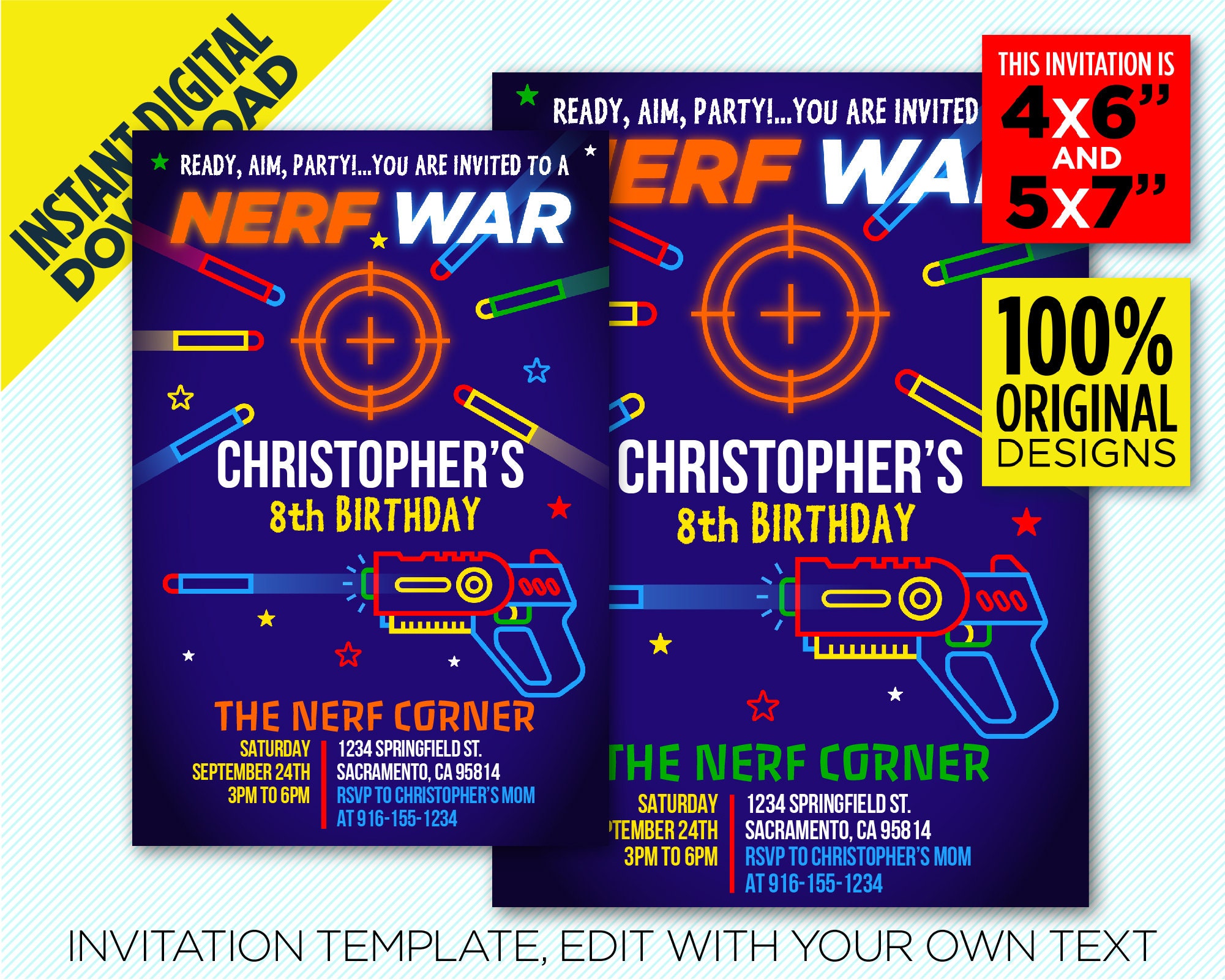 Nerf Party Printable Invitation Nerf War Birthday Party - Etsy