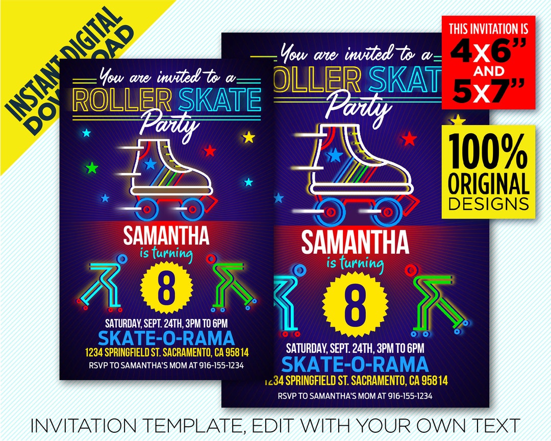 Roller Skate Party Printable Invitation, Editable Roller Skating ...
