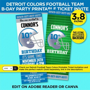 Detroit Football Birthday Invitation | Blue & Silver | Editable in ...
