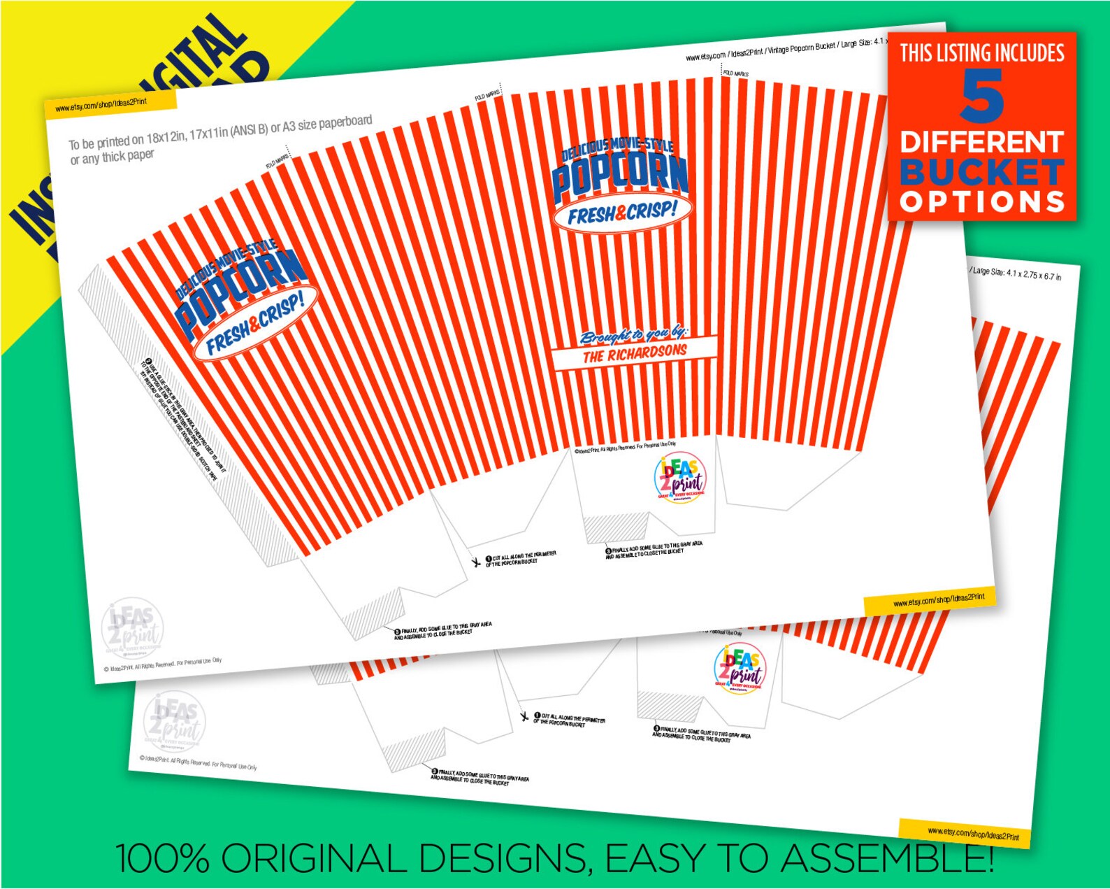 DIY Vintage Popcorn Bucket Printable 4 Different Sizes Instant Digital ...