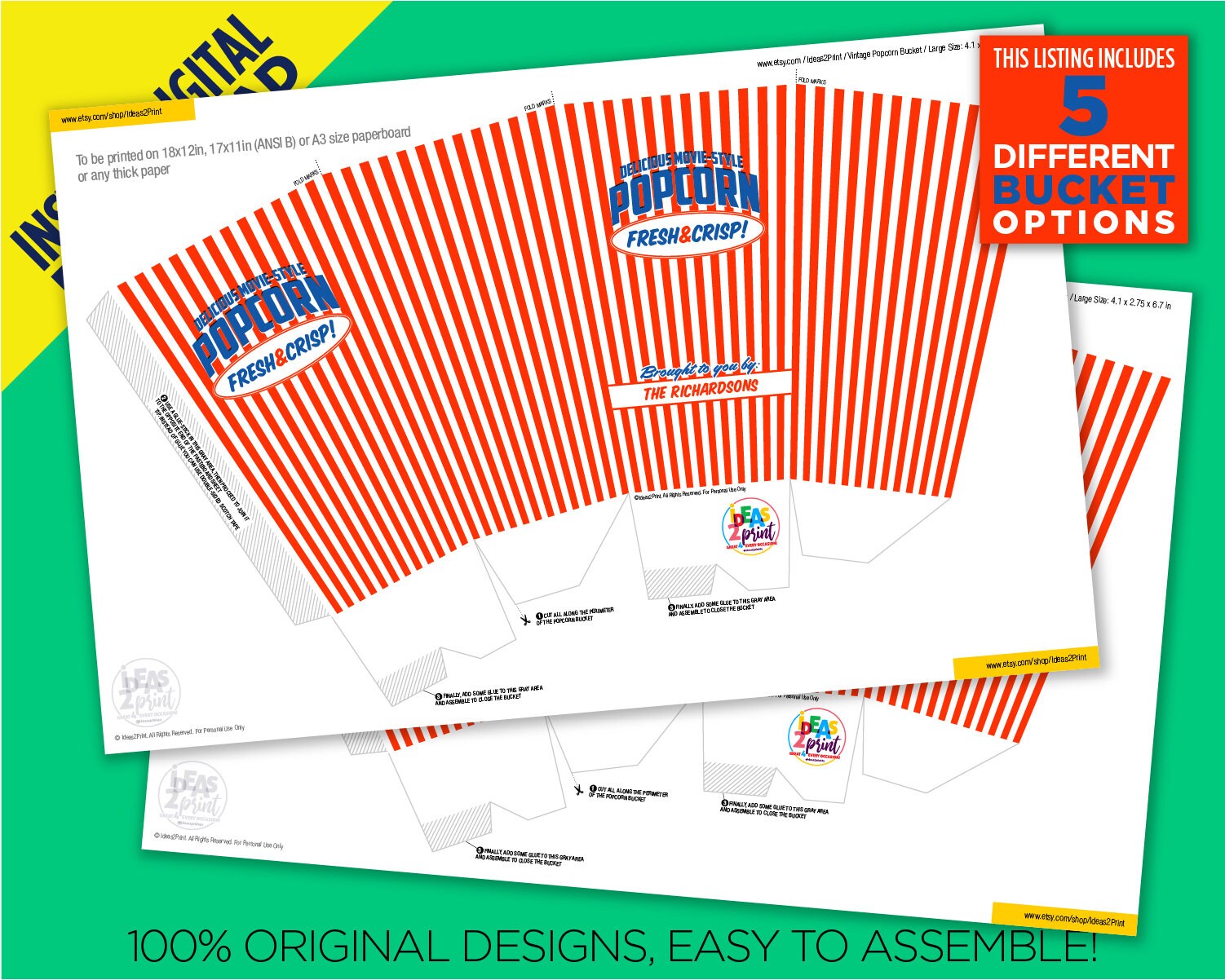 DIY Vintage Popcorn Bucket Printable 4 Different Sizes Instant Digital ...