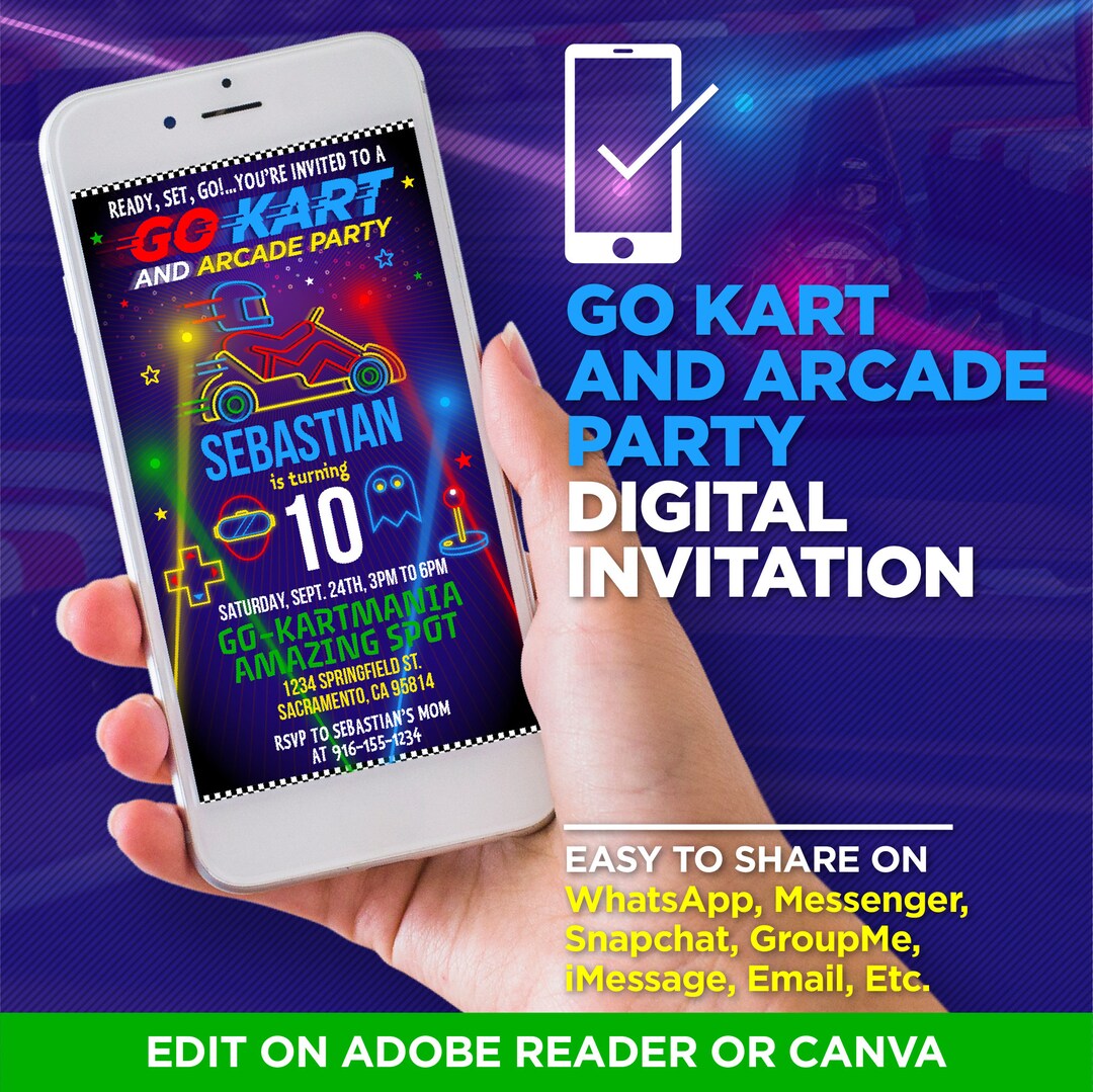 Boys' Go Kart and Arcade Party Digital Invitation - Go Karting Evite ...